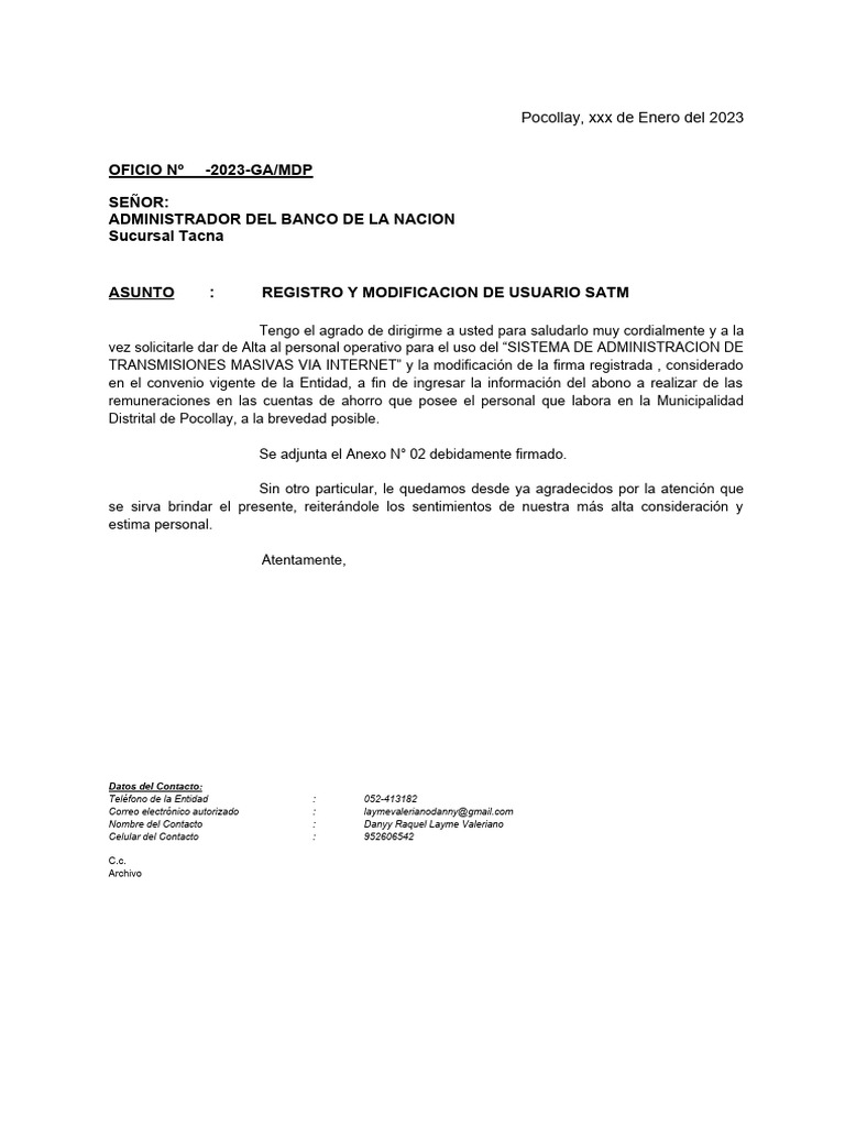 Modelo OFICIO PARA BANCO SATM + Anexo | PDF