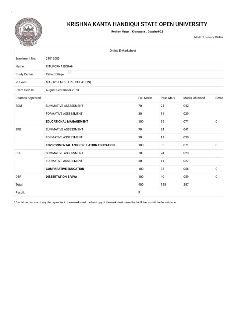 4th Sem Marksheet | PDF | Educational Assessment And Evaluation | Evaluation
