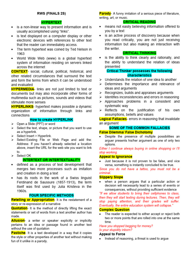 RWS Reviewer Finals 2S | PDF | Hypertext | Argument
