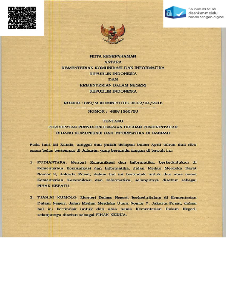 MoU Nota Kesepahaman Antara Kementerian Kominfo - Kementerian Dalam Negeri Tentang Percepatan ...
