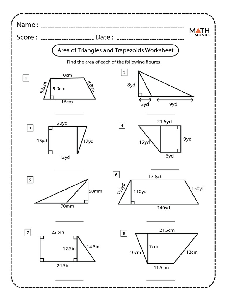 Area of Triangles and Trapezoids Worksheet | PDF