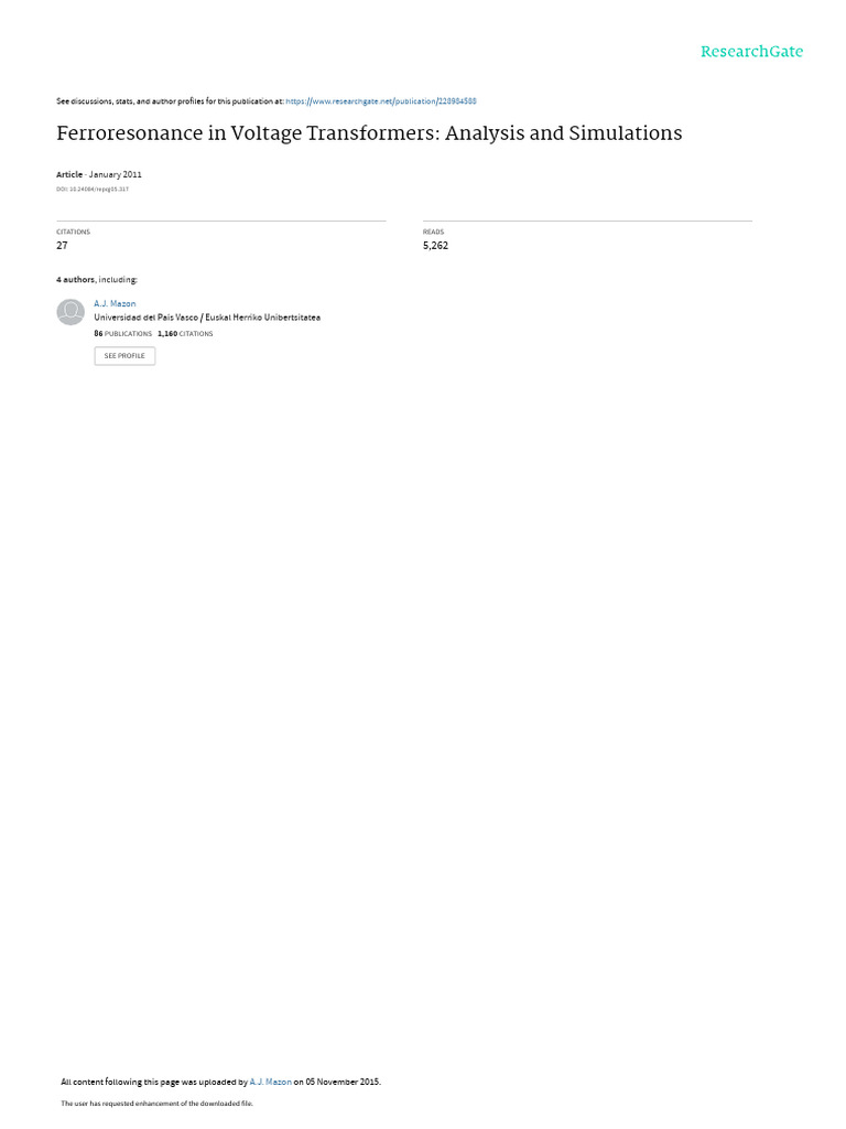 Ferroresonance In Voltage Transformers Analysis An Pdf Electrical Network Inductance