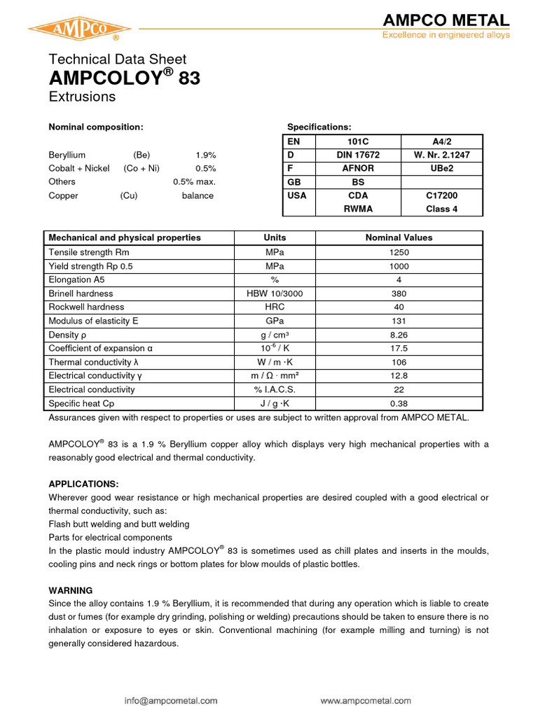 Ampcoloy 83: Technical Data Sheet | Download Free PDF | Electrical ...