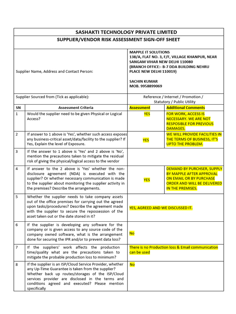 Vendor Risk Assessment Sign-Off Sheet-Mapple | Download Free PDF ...