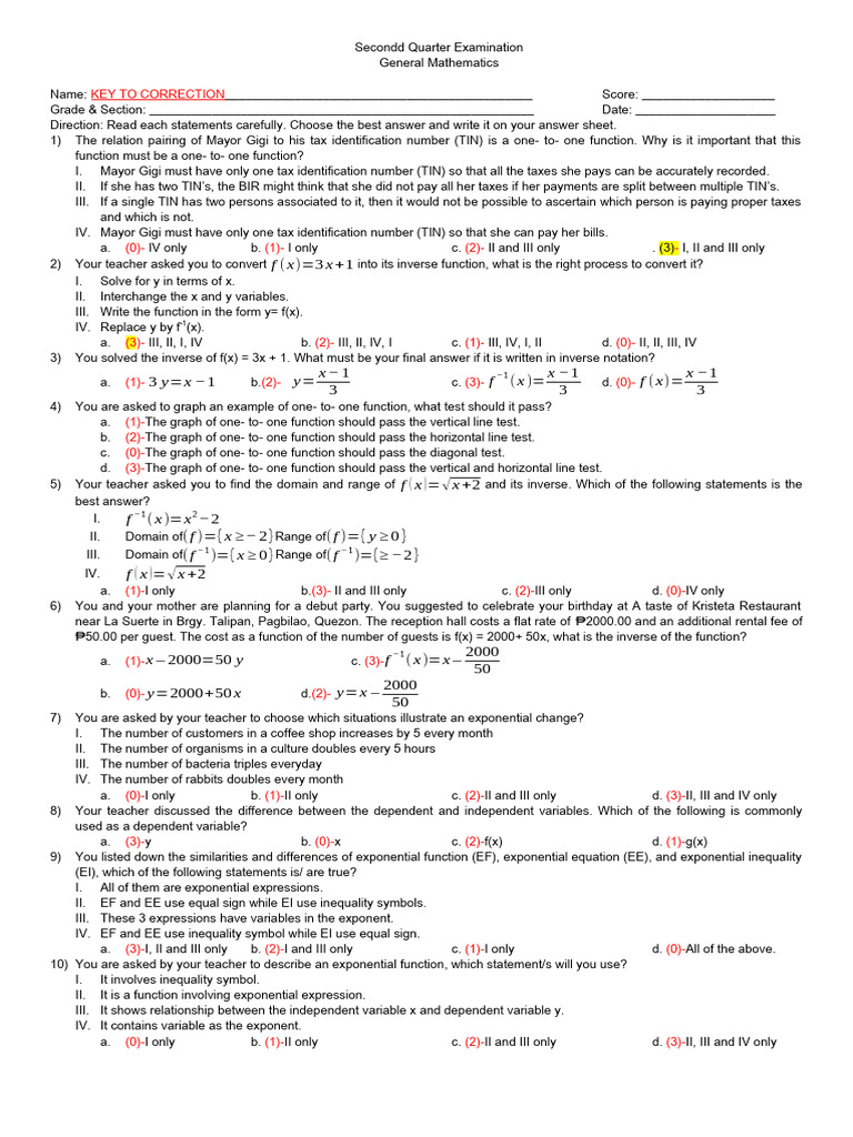 Gen. Math 2nd Quarter Exam - KEY | PDF | Interest | Function (Mathematics)