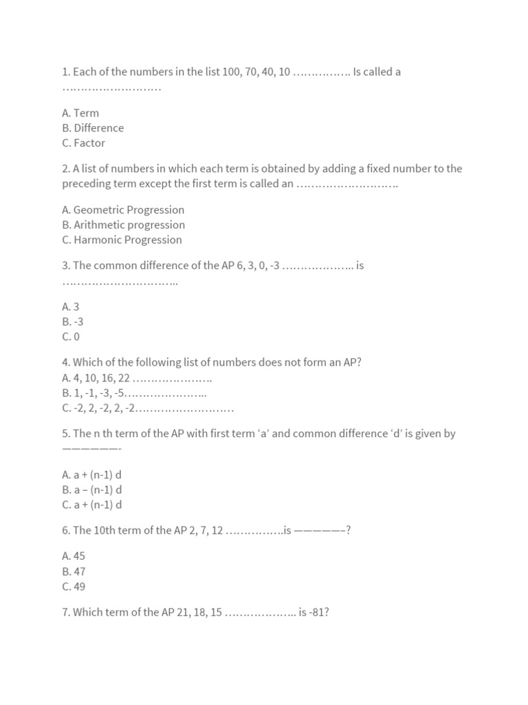 MCQ Questions on Arithmetic Progressions Class 10 | PDF | Numbers ...