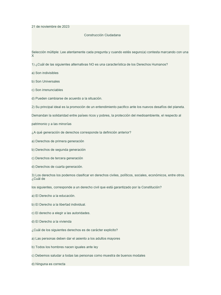 Cuestionario sobre Derechos Humanos | PDF | Derechos humanos | Derechos