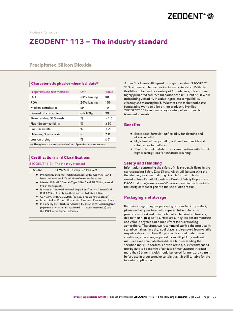 ZEODENT 113 EN EN Asset 367003 | PDF | Cosmetics | Materials