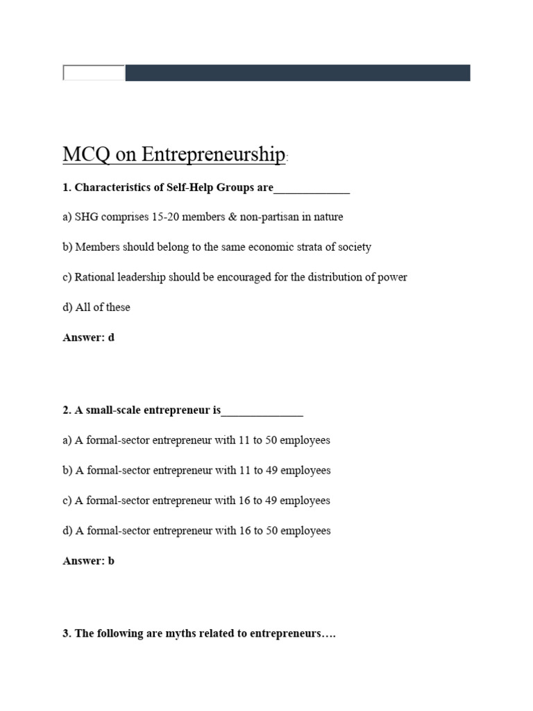 MCQ On Entrepreneurship | PDF | Entrepreneurship | Venture Capital