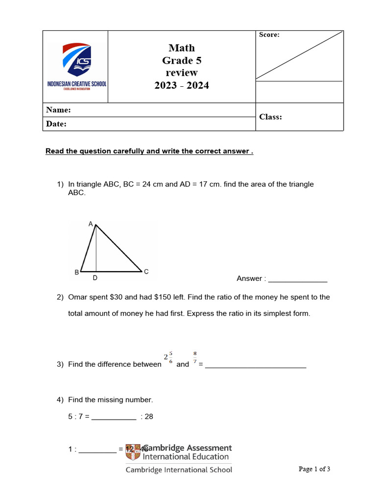 Grade 5 Math Review 2023-2024 | PDF
