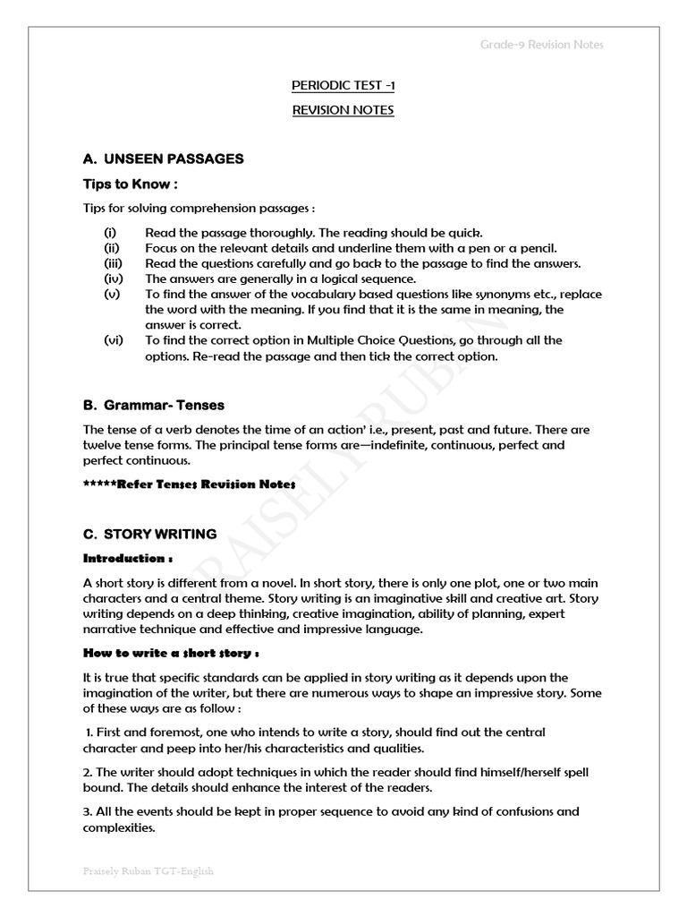 Grade 9 English Revision Notes | PDF | Grammatical Tense | Thought