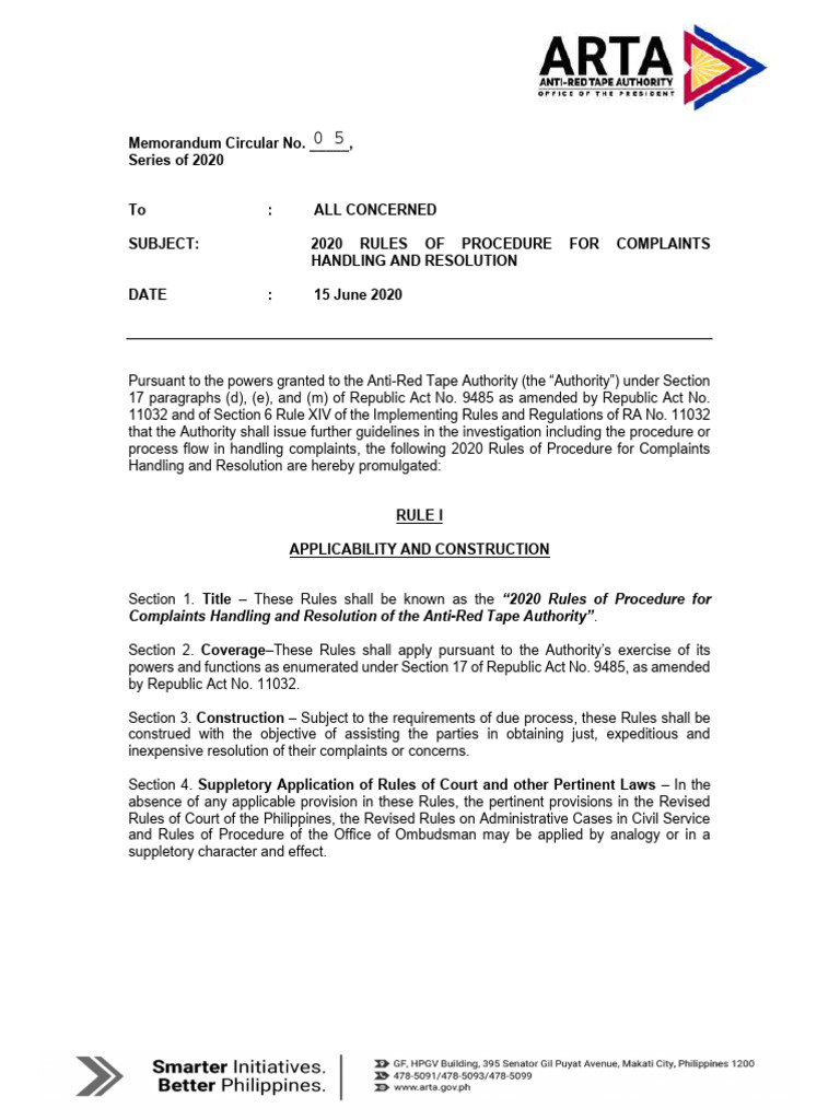 ARTA MC No 05 Series of 2020 | Download Free PDF | Complaint | Policy
