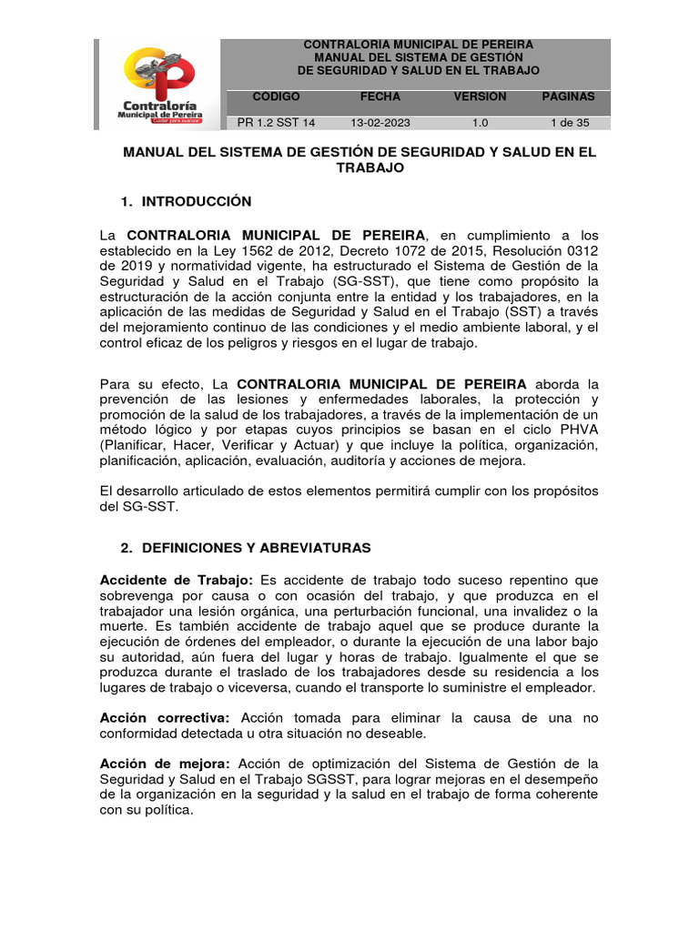 Manual Del Sistema de Gestion de Seguridad y Salud en El Trabajo | PDF ...