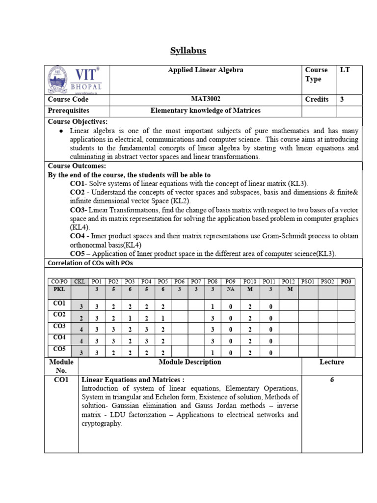 MAT3002 - APPLIED-LINEAR-ALGEBRA - LT - 1.0 - 1 - Applied Linear ...