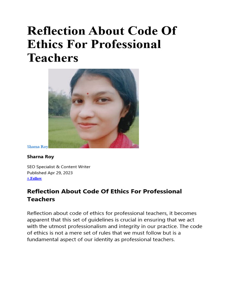 Reflection About Code of Ethics For Professional Teachers | Download ...