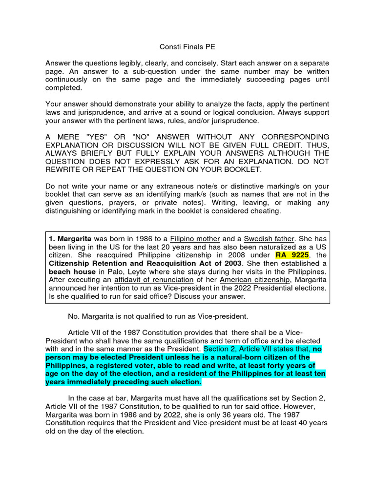 Consti 1 Finals 2020 With Answers 1 | PDF | Ratification | Presidents ...