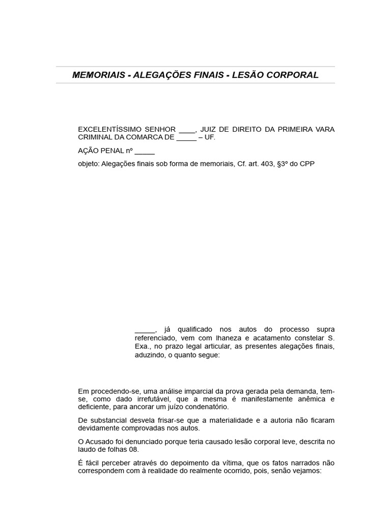 Modelo Memoriais Alegações Finais Lesão Corporal | PDF | Sentença ...