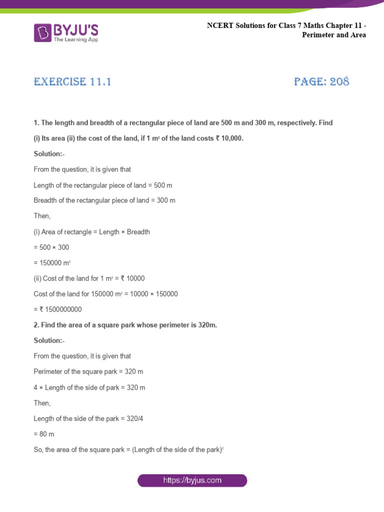 NCERT Solutions For Class 7 Maths 8may Chapter 11 Perimeter and Area Exercise 11.1 | PDF ...