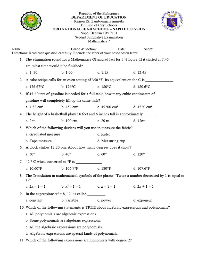 Math 7 | PDF | Length | Polynomial