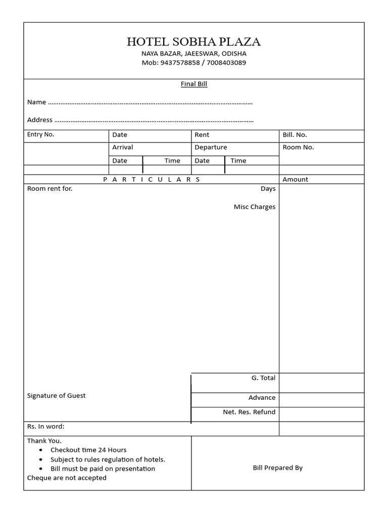 Hotel Food Bill Format Sample | PDF