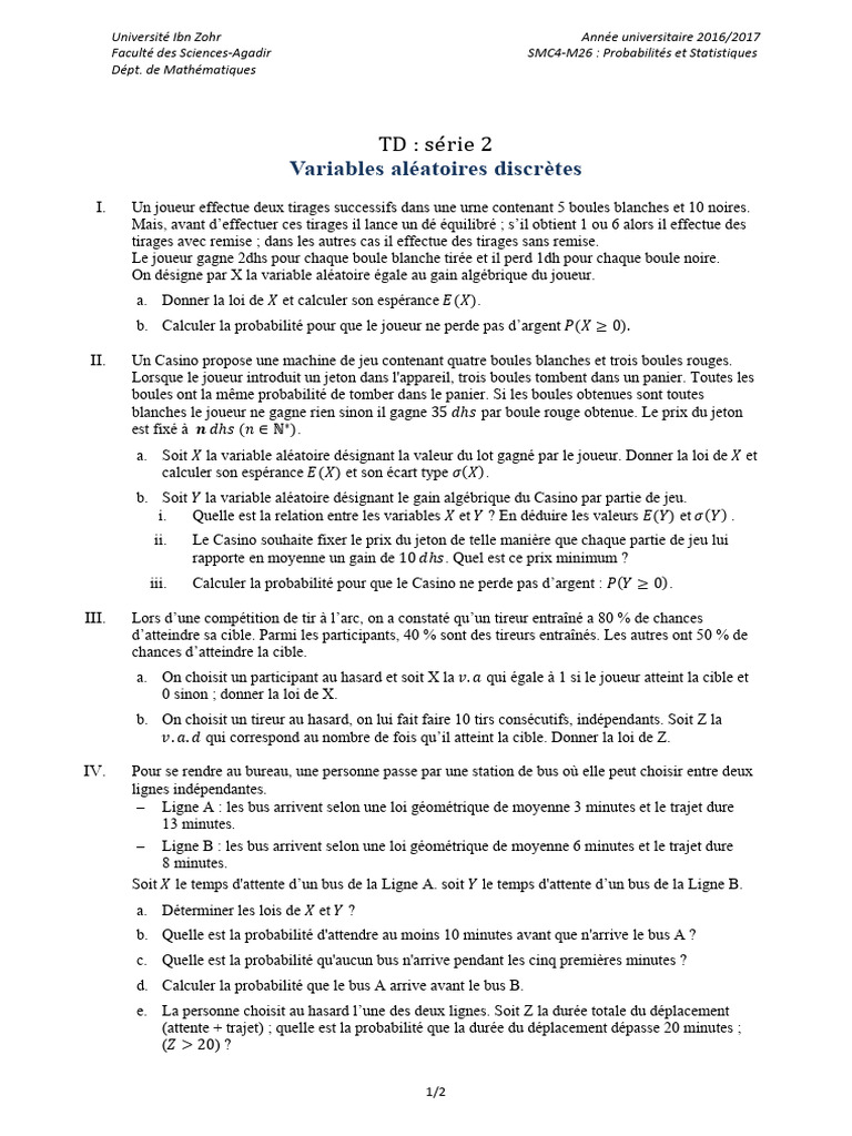 Corr Serie 2 Prob SMC s4 - Compressed | PDF | Probabilité | Espérance mathématique