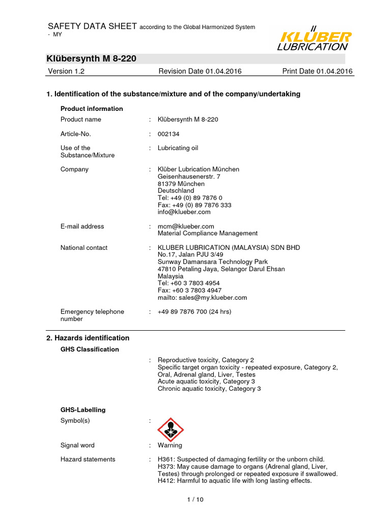 Kluebersynth M 8-220 (MSDS MY) | PDF | Toxicity | Firefighting