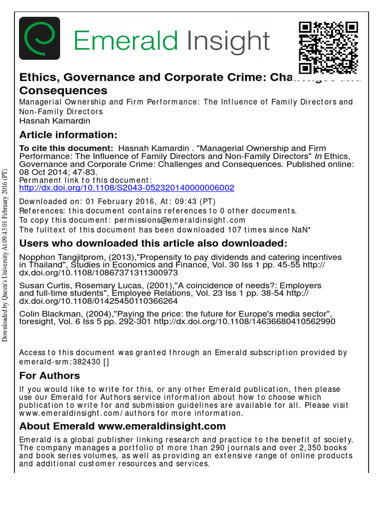 Managerial Ownership and Firm Performance The Influence of Famil | PDF ...