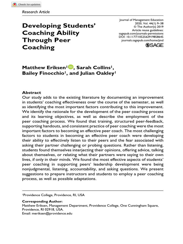 Eriksen Et Al 2019 Developing Students Coaching Ability Through Peer ...