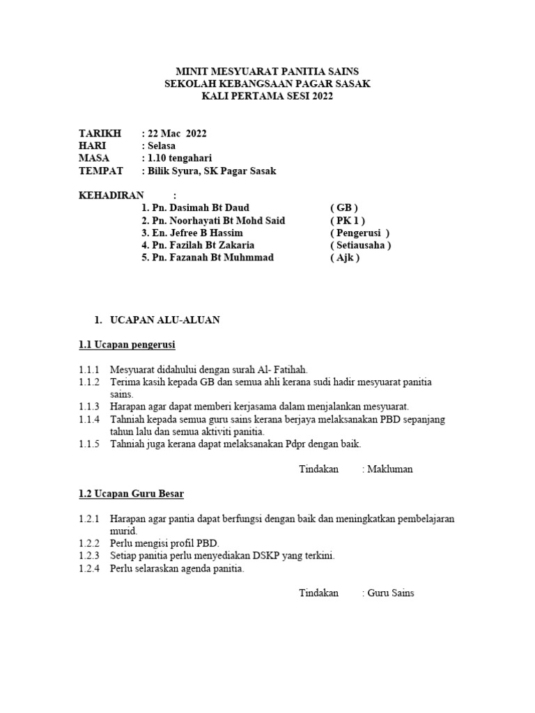 Minit Mesyuarat Panitia Sains 1 2022 | PDF