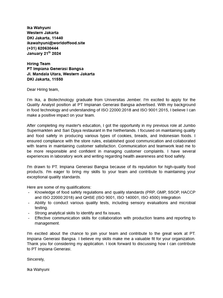 49 - Quality - Ika Wahyuni - Cover Letter | PDF
