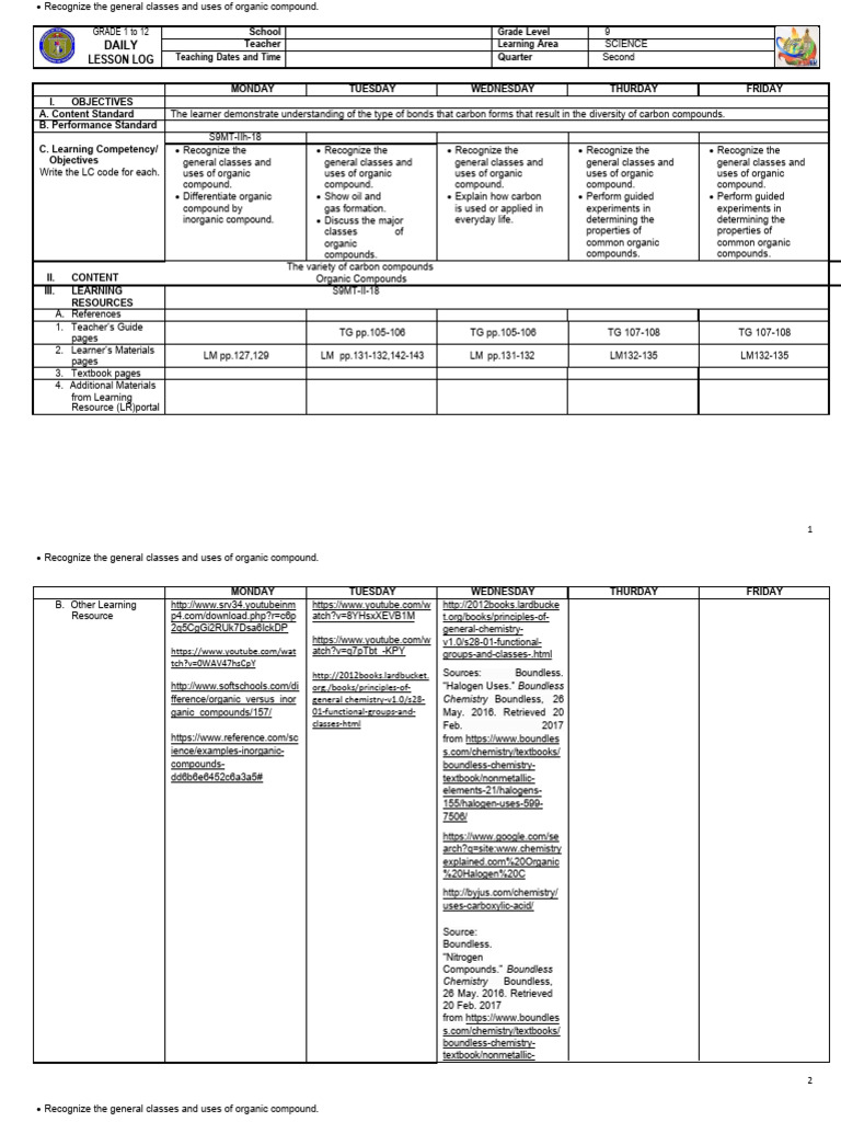DLL Science 9 | PDF | Organic Compounds | Chemical Compounds