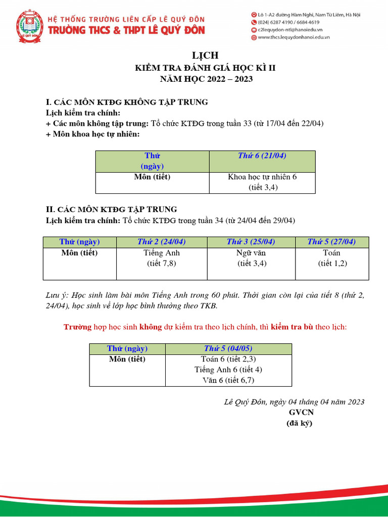 K6.LỊCH KTĐG HKII NĂM HỌC 2022-2023 | PDF