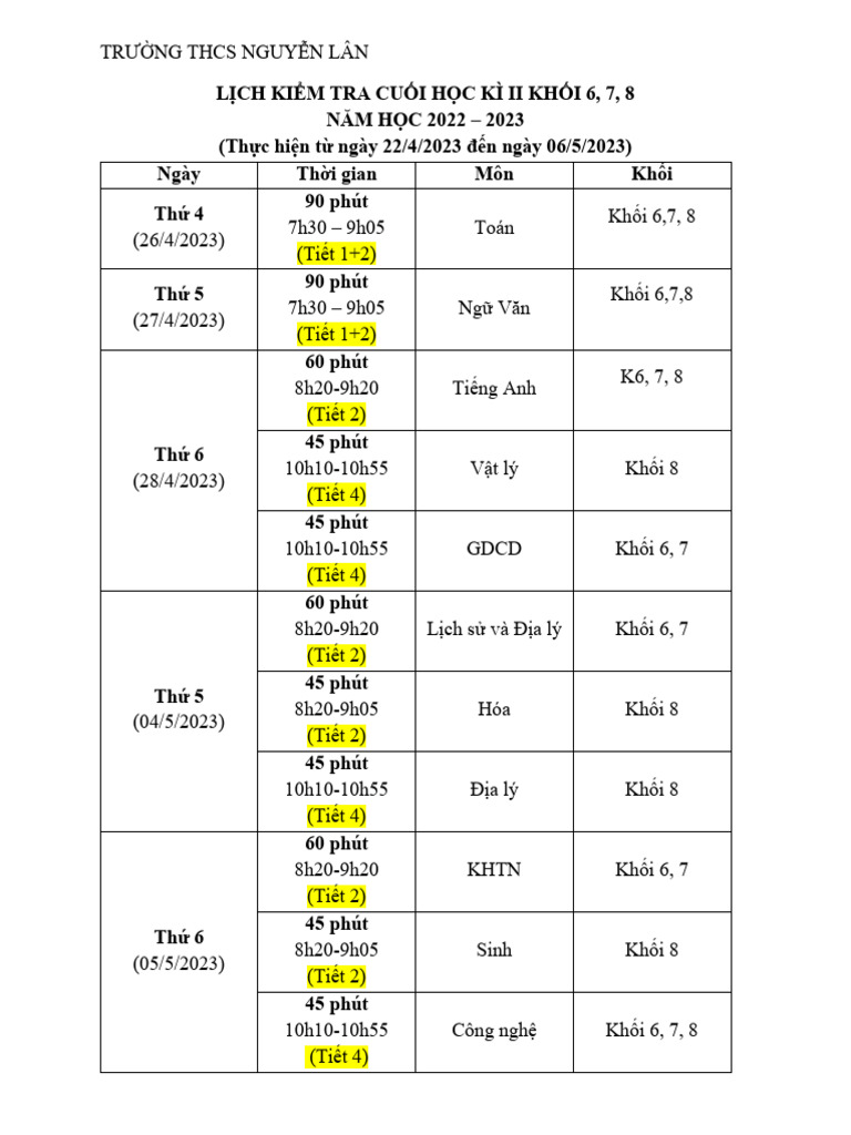 Lịch thi cuối HKII K6, 7, 8 -điều chỉnh | PDF