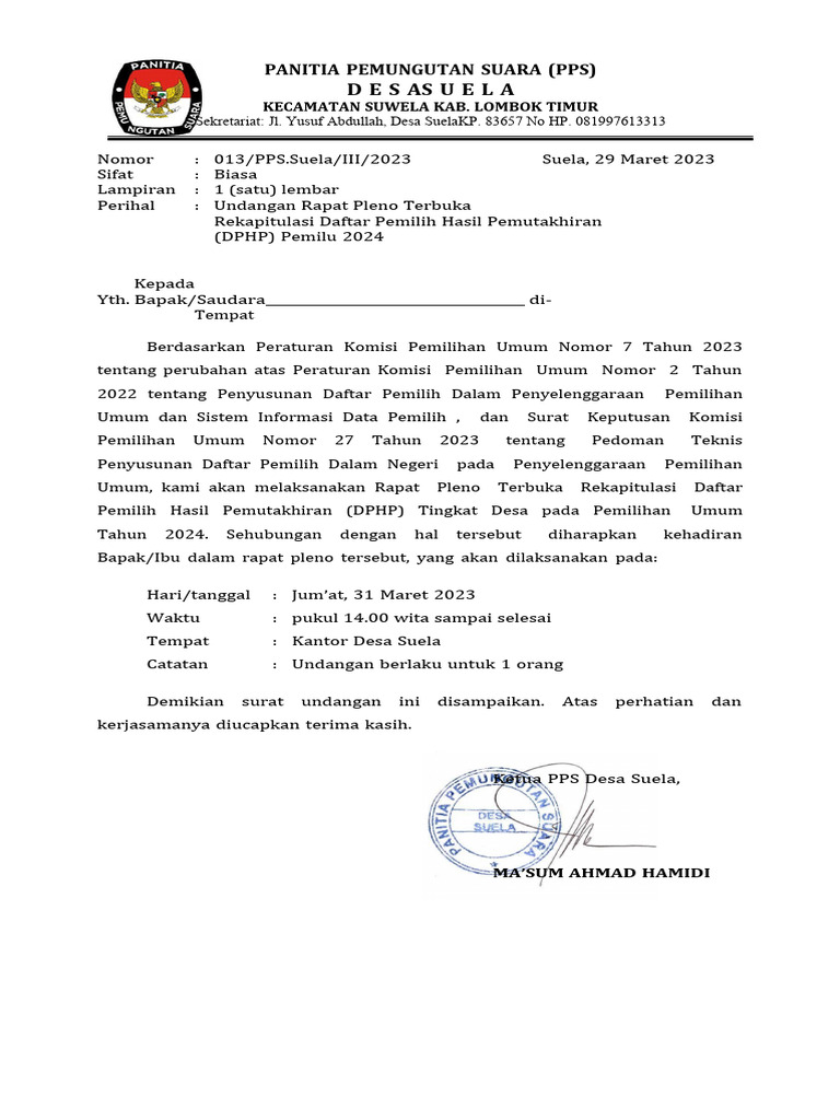 Undangan Rapat Pleno DPHP | PDF