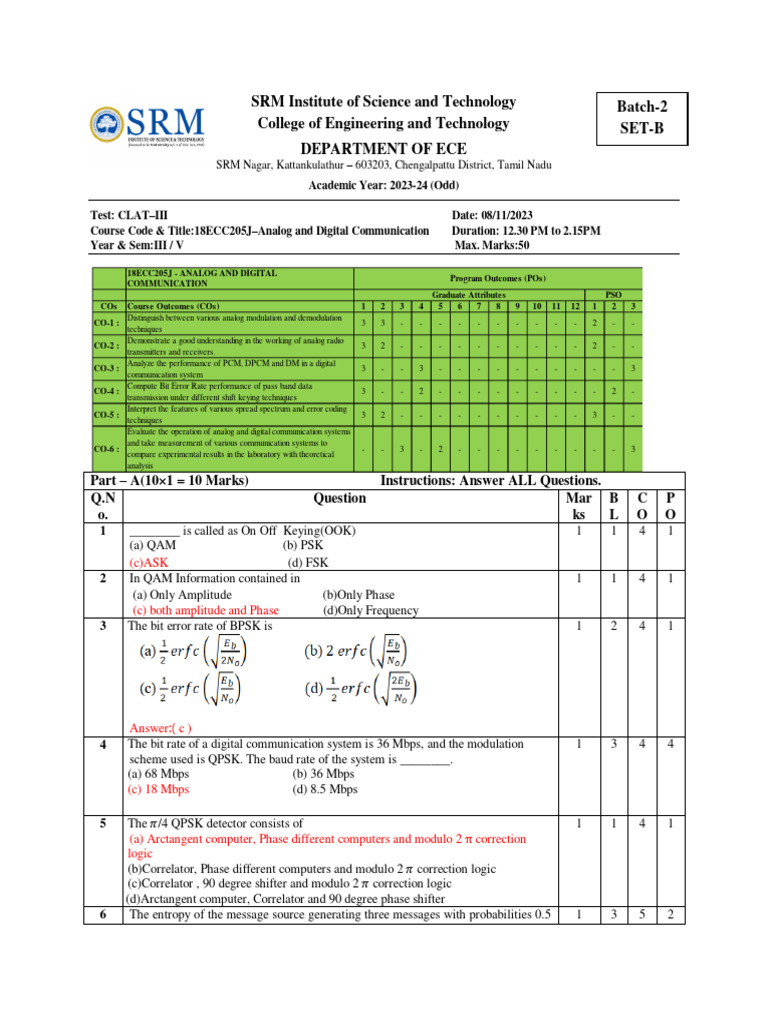 Ct3 Set B Adc Answer Key Pdf Modulation Electronics