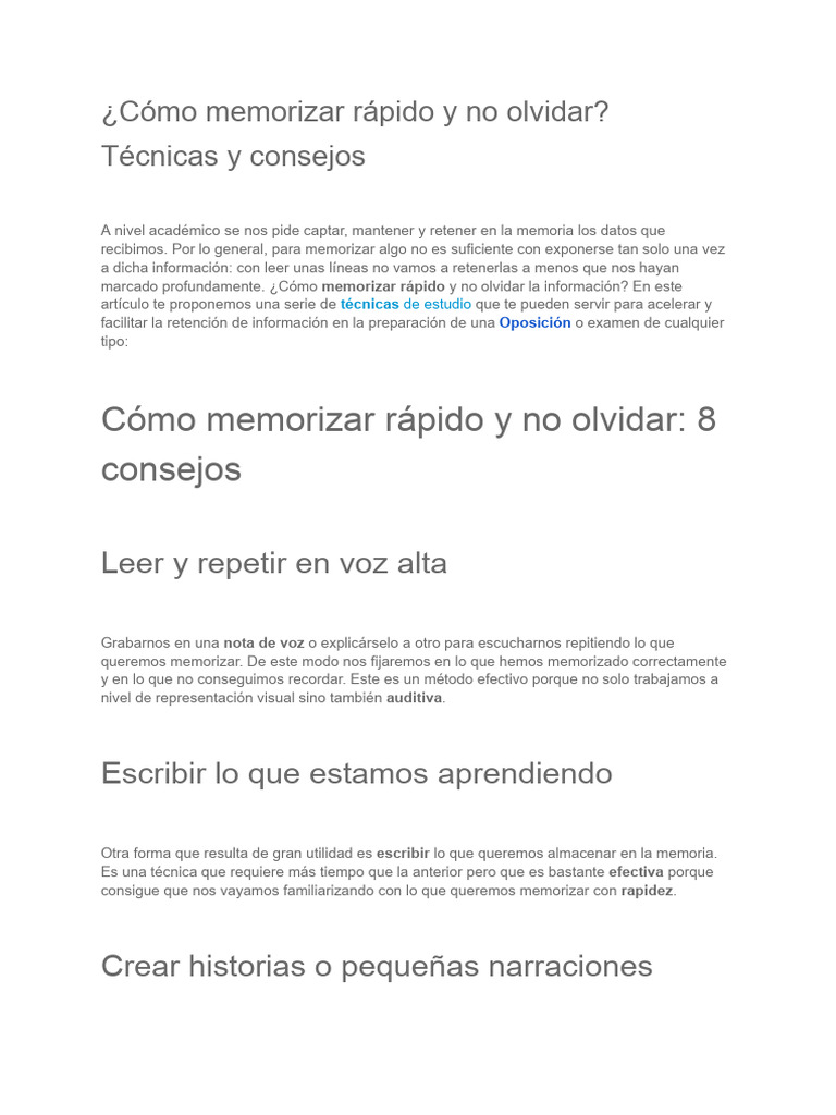 Tips para Memorizar Mejor | Descargar gratis PDF | Memoria | Información