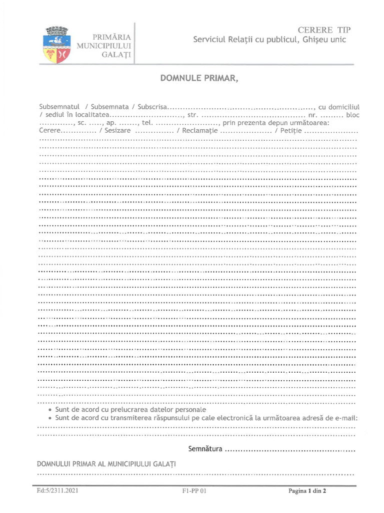 Model Cerere Municipiul Galati | PDF