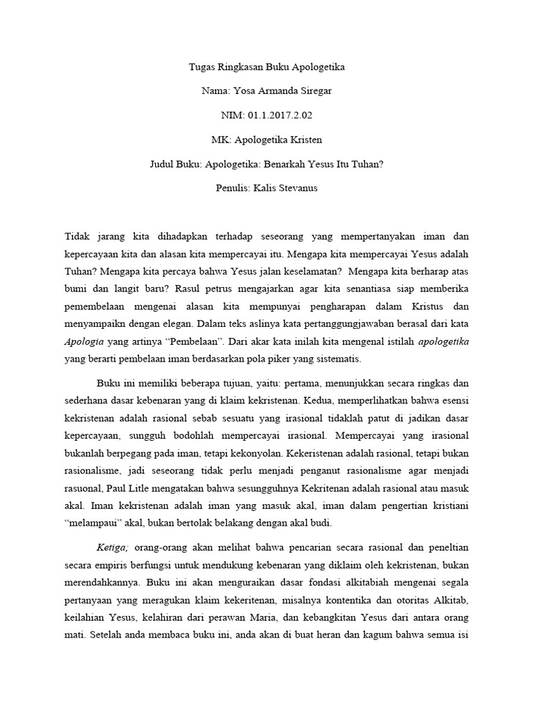 Ringkasan Buku Apologetik Yosa STTBJ | PDF