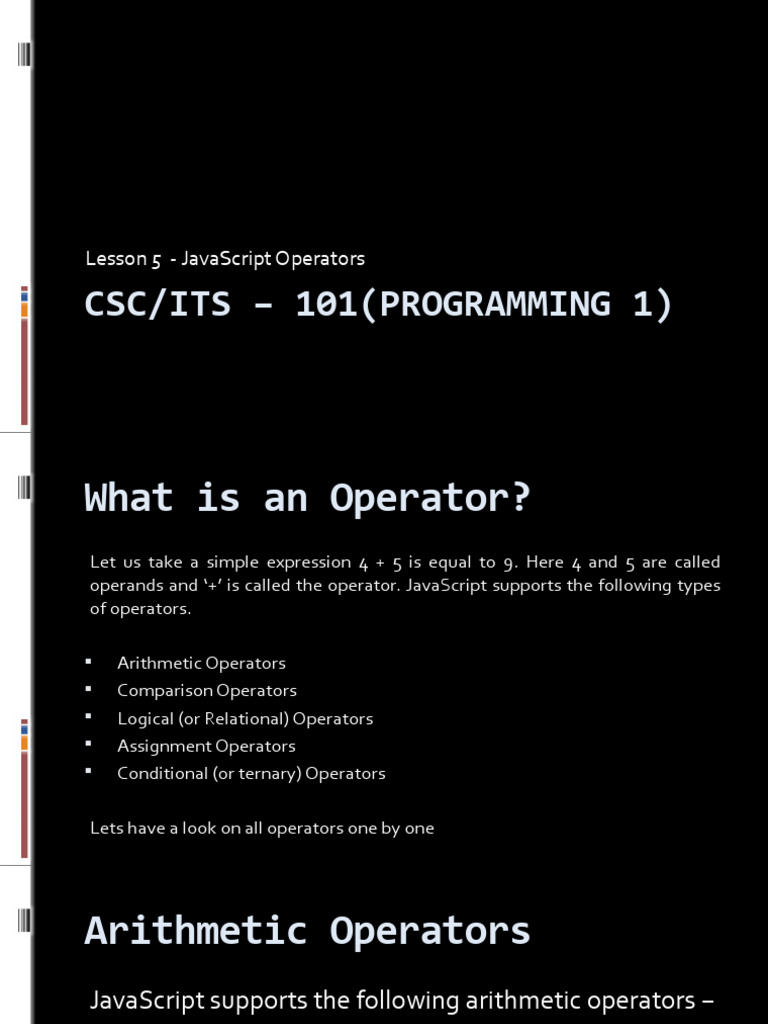 Lesson 5 - JavaScript Operators | PDF | Arithmetic | Computer Engineering Lesson 5 - JavaScript Operators | PDF | Arithmetic | Computer Engineering