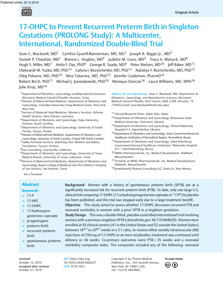 17-OHPC To Prevent Recurrent Preterm Birth in Singleton Gestations ...