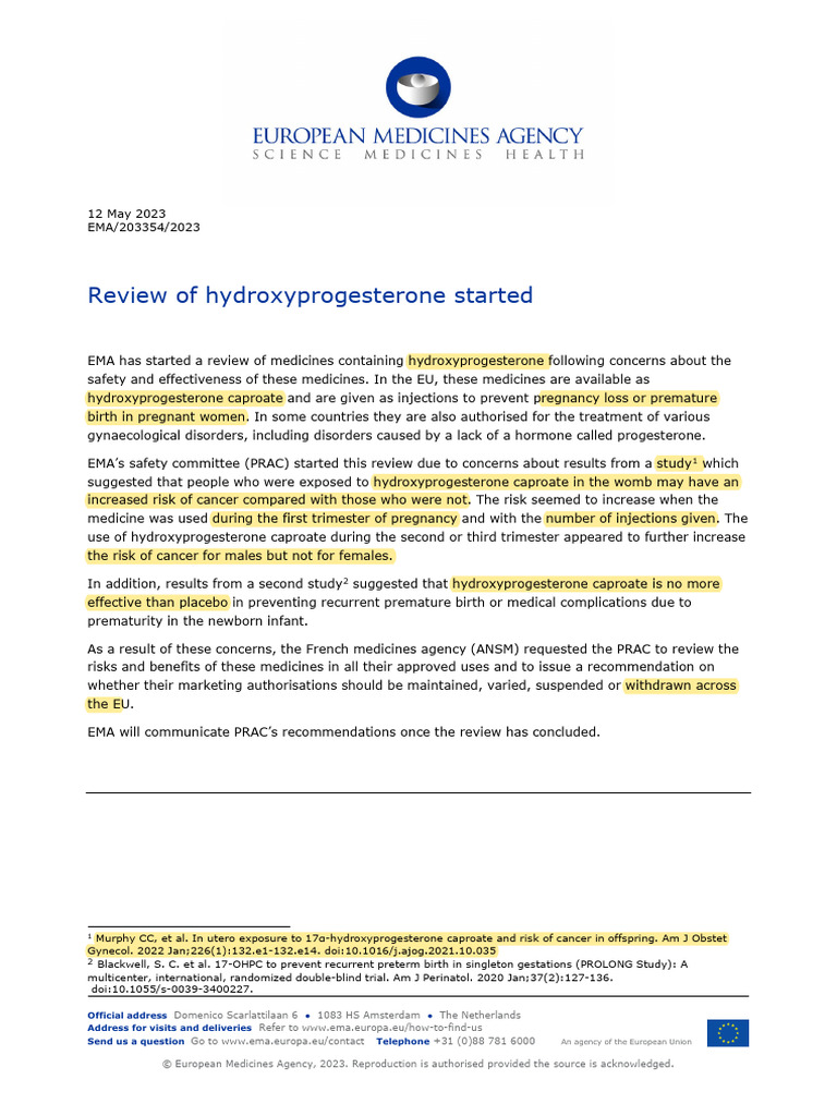 Hydroxyprogesterone Containing Medicinal Products Article 31 Referral ...