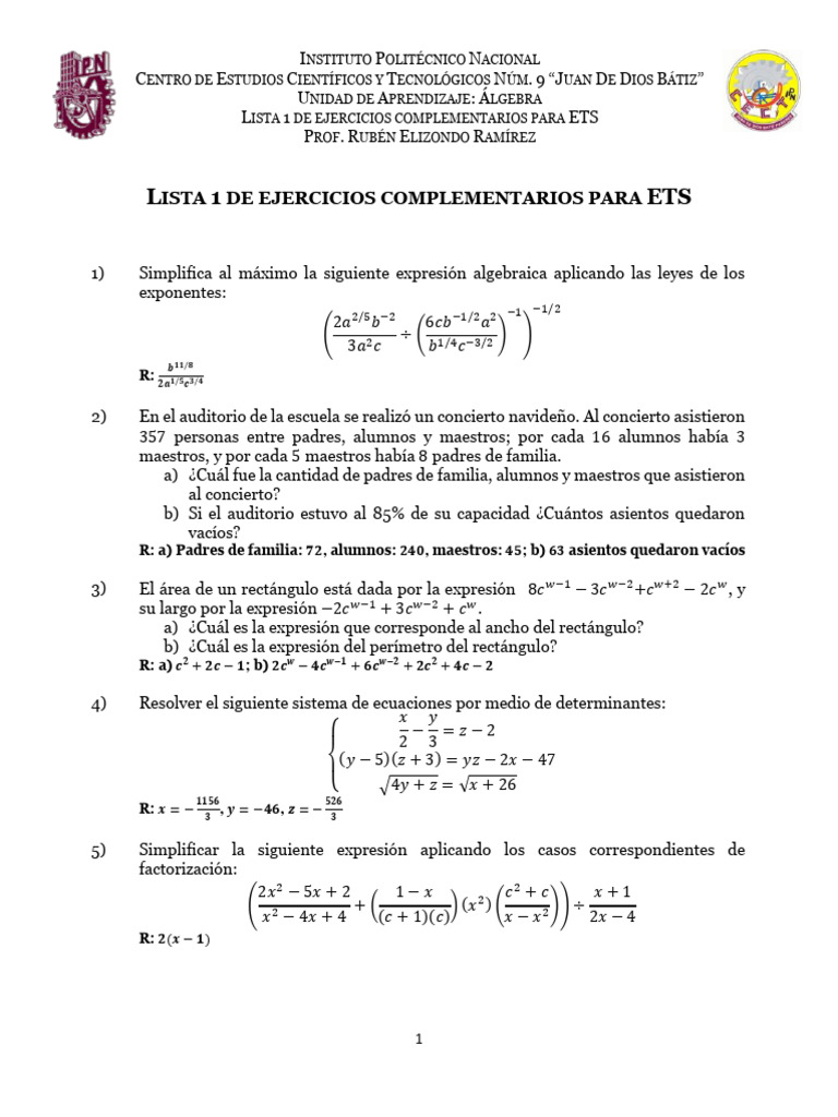 Lista 1 de Ejercicios Complementarios para ETS de Álgebra | PDF | Ecuaciones | Conceptos matemáticos