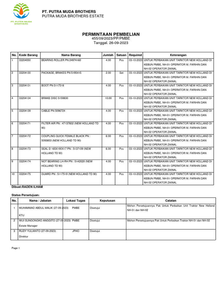 Permintaan Pembelian Suku Cadang Traktor | PDF