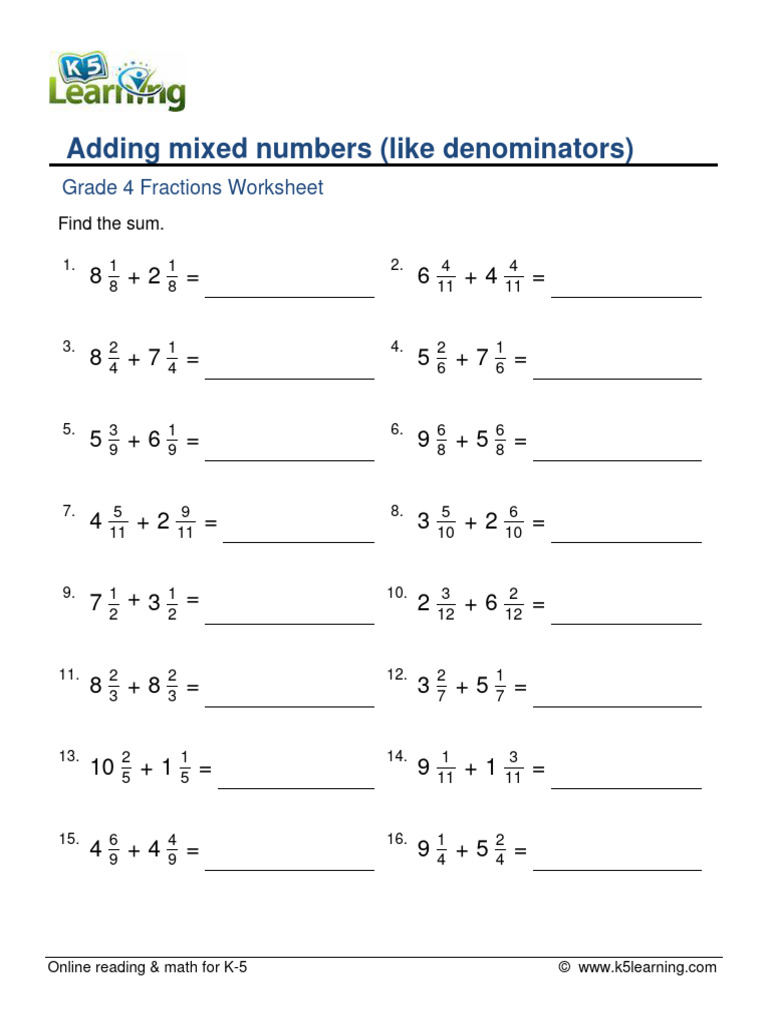 Grade 4 Adding Mixed Numbers Like Denominators F | PDF | Lexicology ...