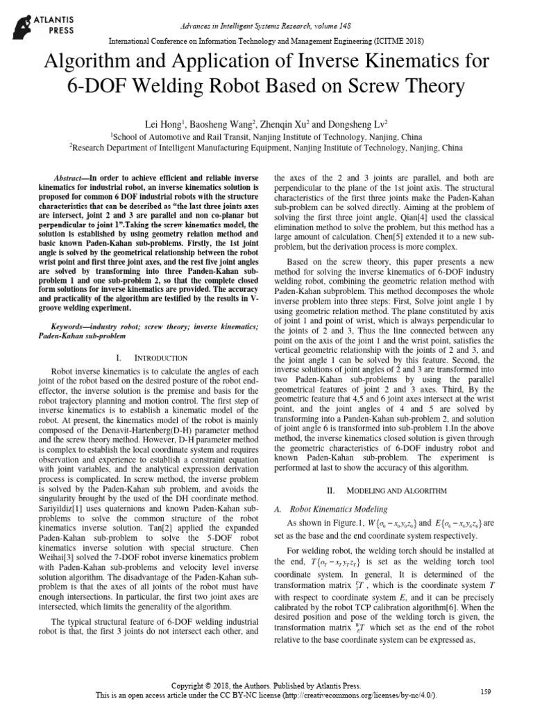 Algorithm And Application Of Inverse Kinematics For 6 Dof Welding Robot Based On Screw Theory