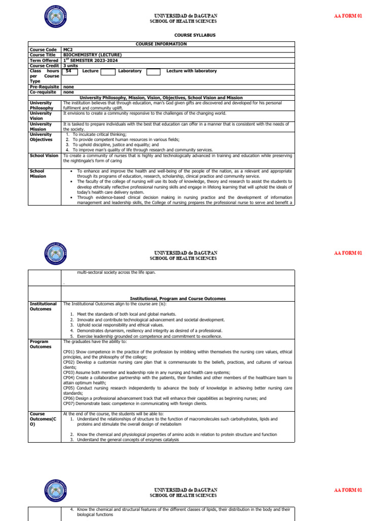 Biochem Lec Syllabus 2023 2024 Udd Pdf Metabolism Enzyme