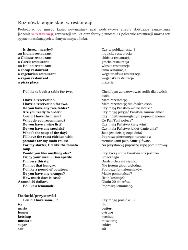 Rozmowki W Restauracji | PDF