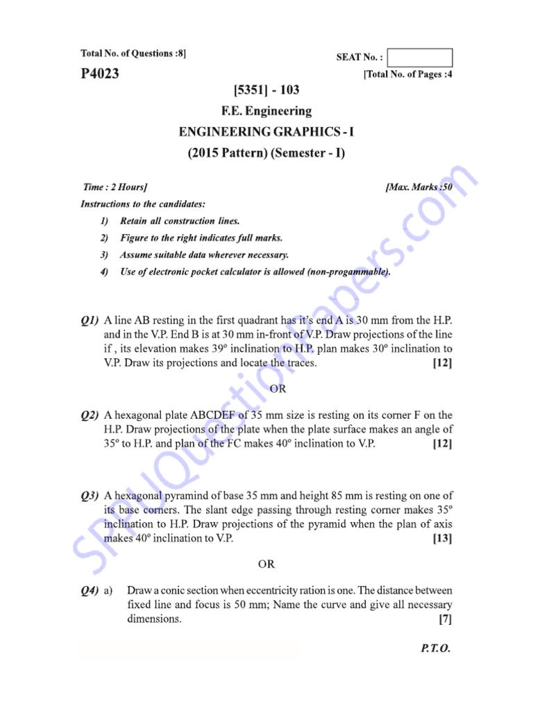 Be First Year Fe Engineering Semester 1 2018 May Engineering Graphics I Pattern 2015 | PDF