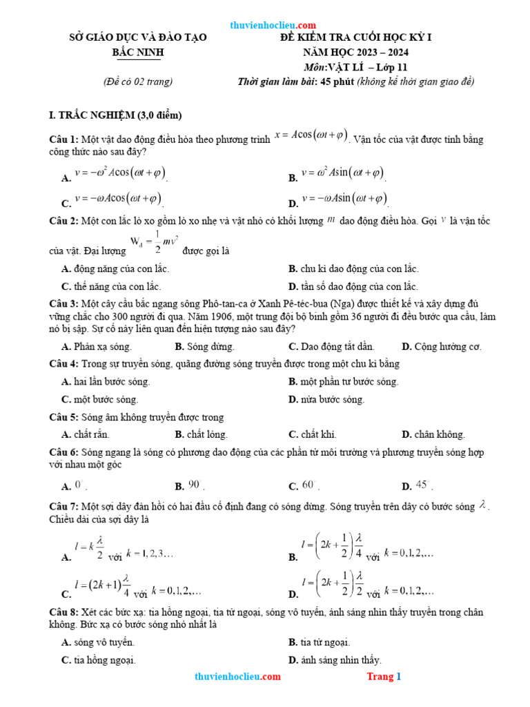 Đề Thi HK1 Vật Lí 11 Sở GD Bắc Ninh 2023-2024 Có Đáp Án | PDF