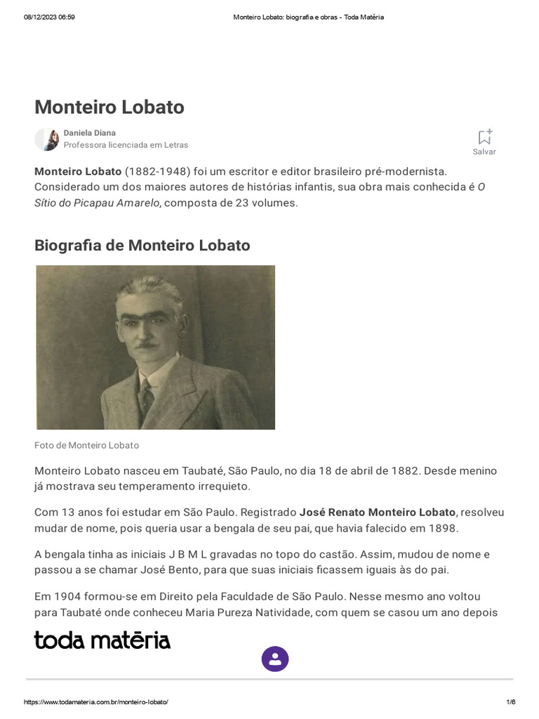 Monteiro Lobato - biografia e obras | PDF